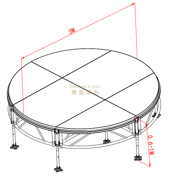 Red Wooden Arena Round Stage 3m Diameter Height: 0.6-1m with 2 Stairs ...